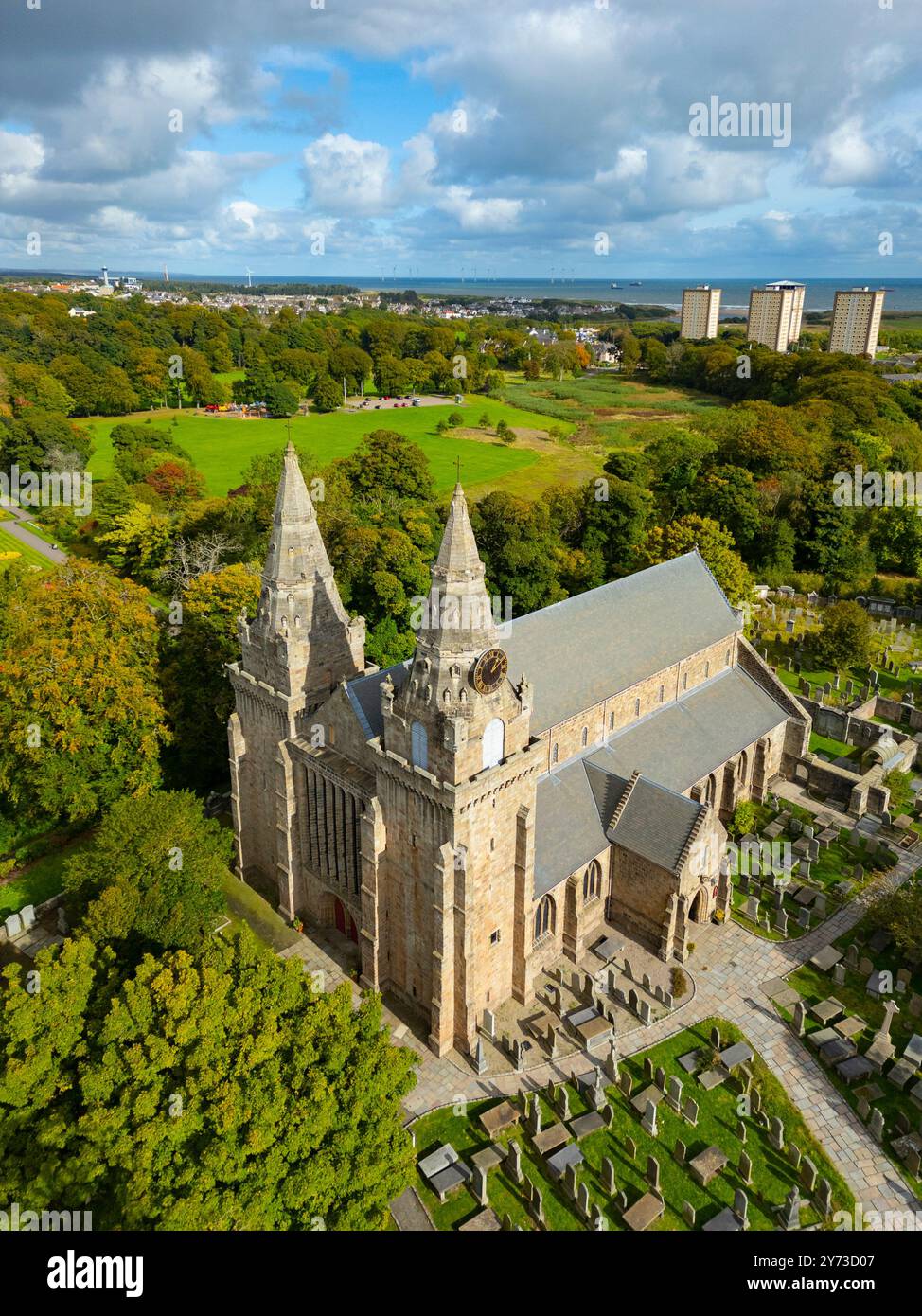 Aerial view from drone of Kirk of St Machar’s Cathedral and Seaton Park ...