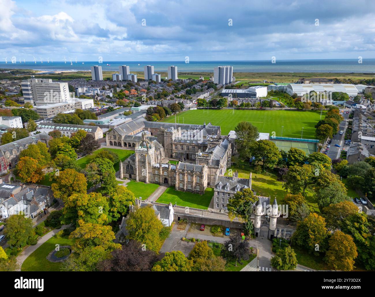 Aerial view from drone of King’s College at Aberdeen University in Old ...
