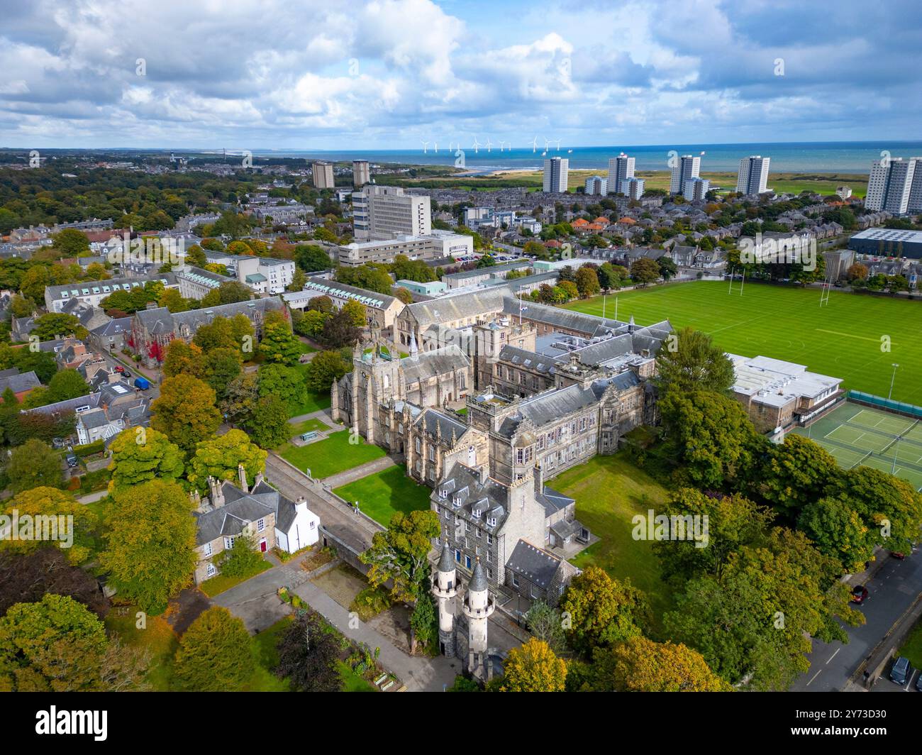 Aerial view from drone of King’s College at Aberdeen University in Old ...