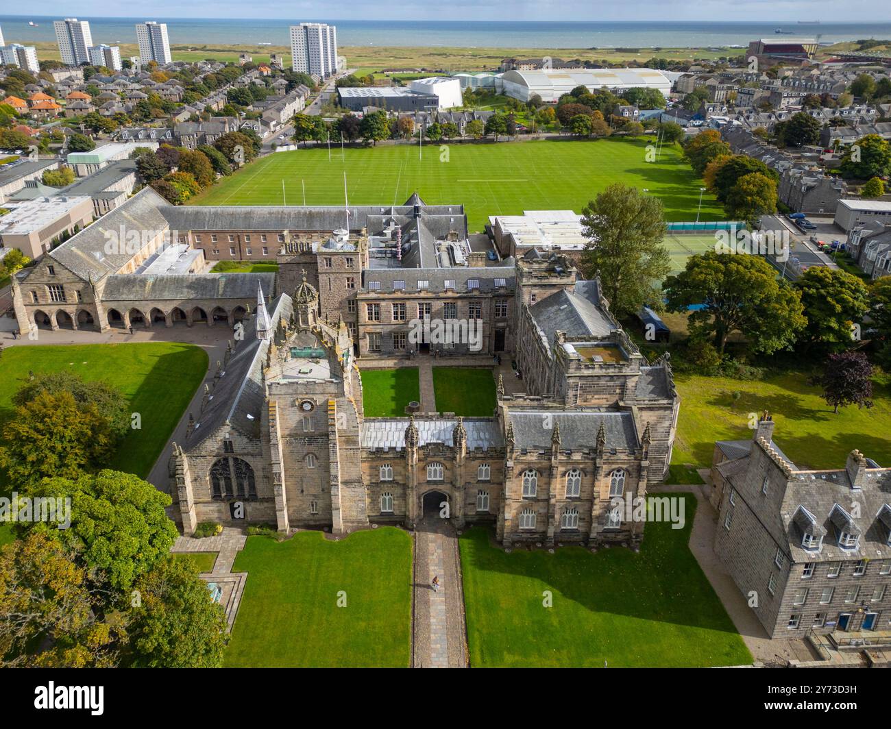 Aerial view from drone of King’s College at Aberdeen University in Old ...