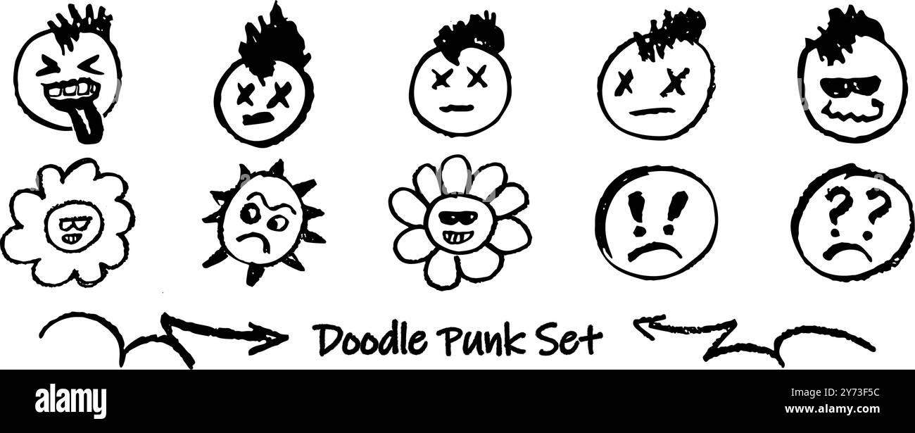 Set of doodle punk heads. Collection of black outline faces handdrawn ...
