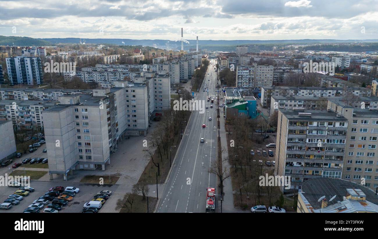 Aerial view of a modern urban area featuring a mix of residential and ...