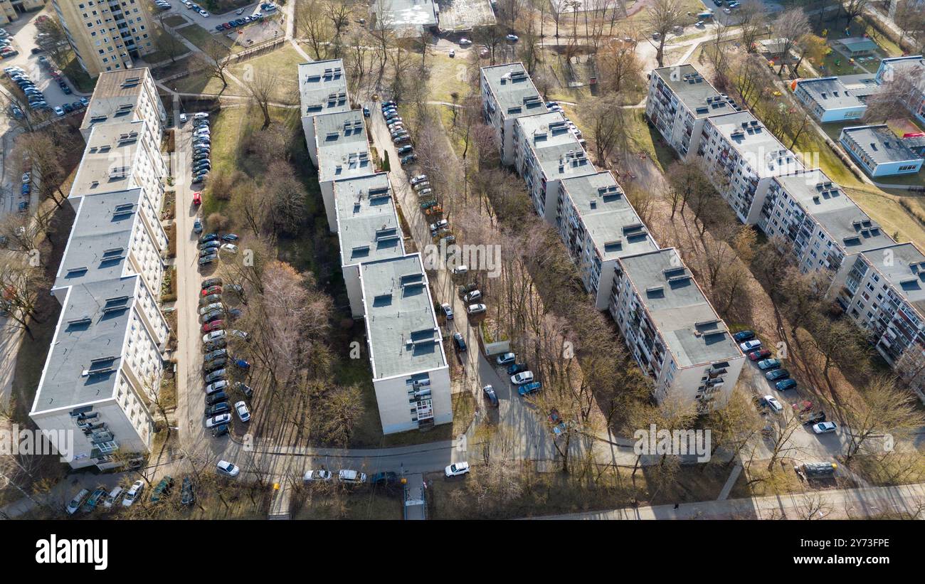 Aerial view of a modern urban area featuring a mix of residential and ...