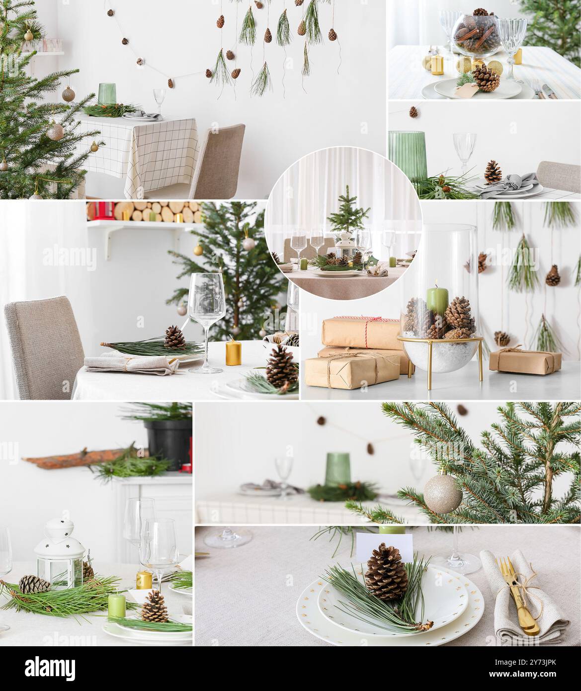 Collection of beautiful table setting with pine cones and green ...