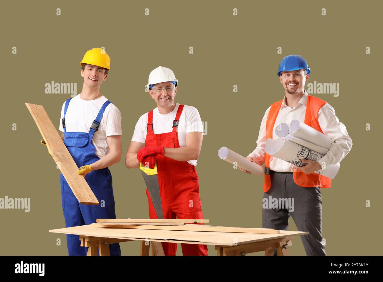 Team of male builders with wooden planks and house plans on green ...