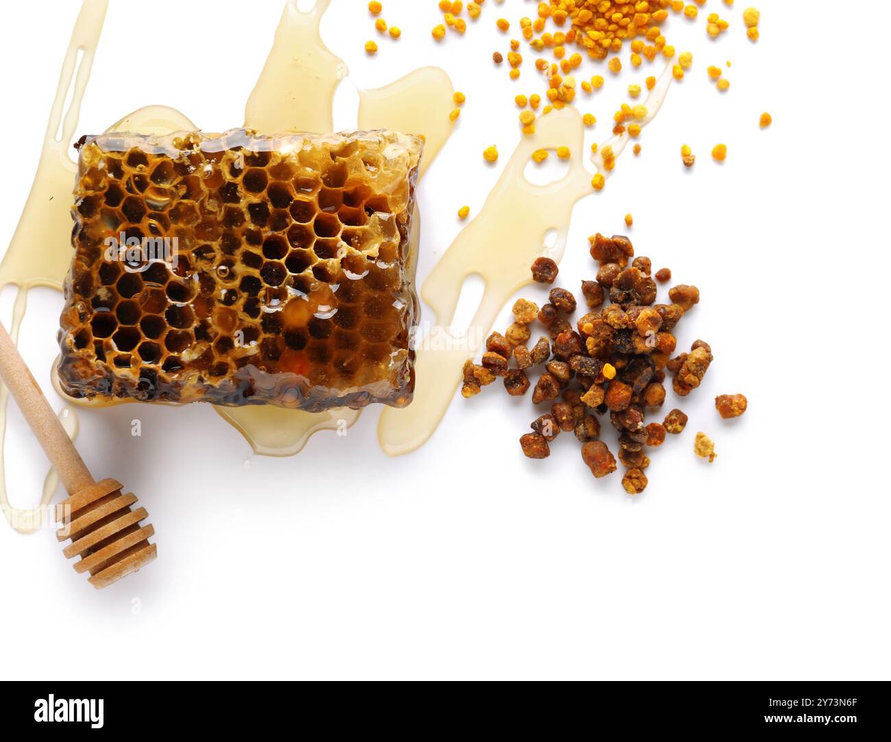 Sweet honeycomb, beebread and bee pollen on white background Stock ...