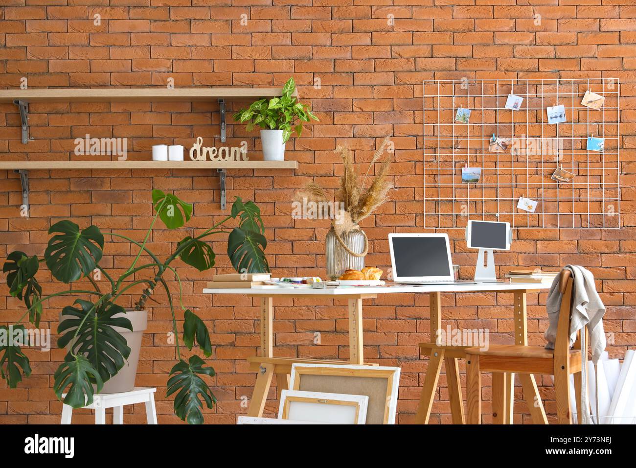 Interior of studio with artist's workplace and drawing supplies Stock ...