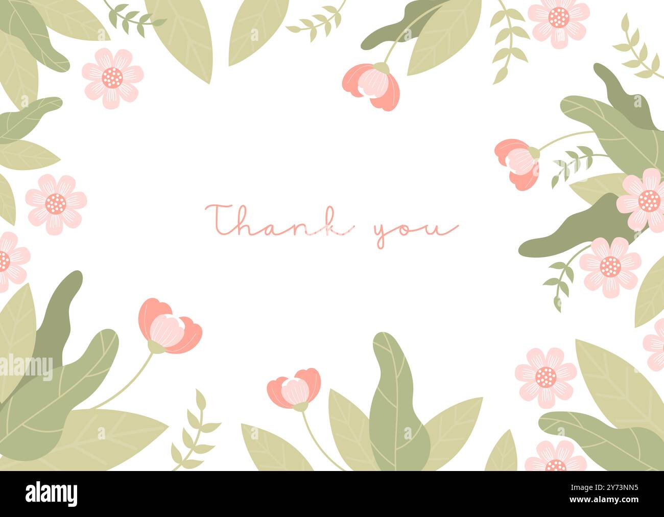 Floral Thank You card. Pink flowers and leaves on white background ...