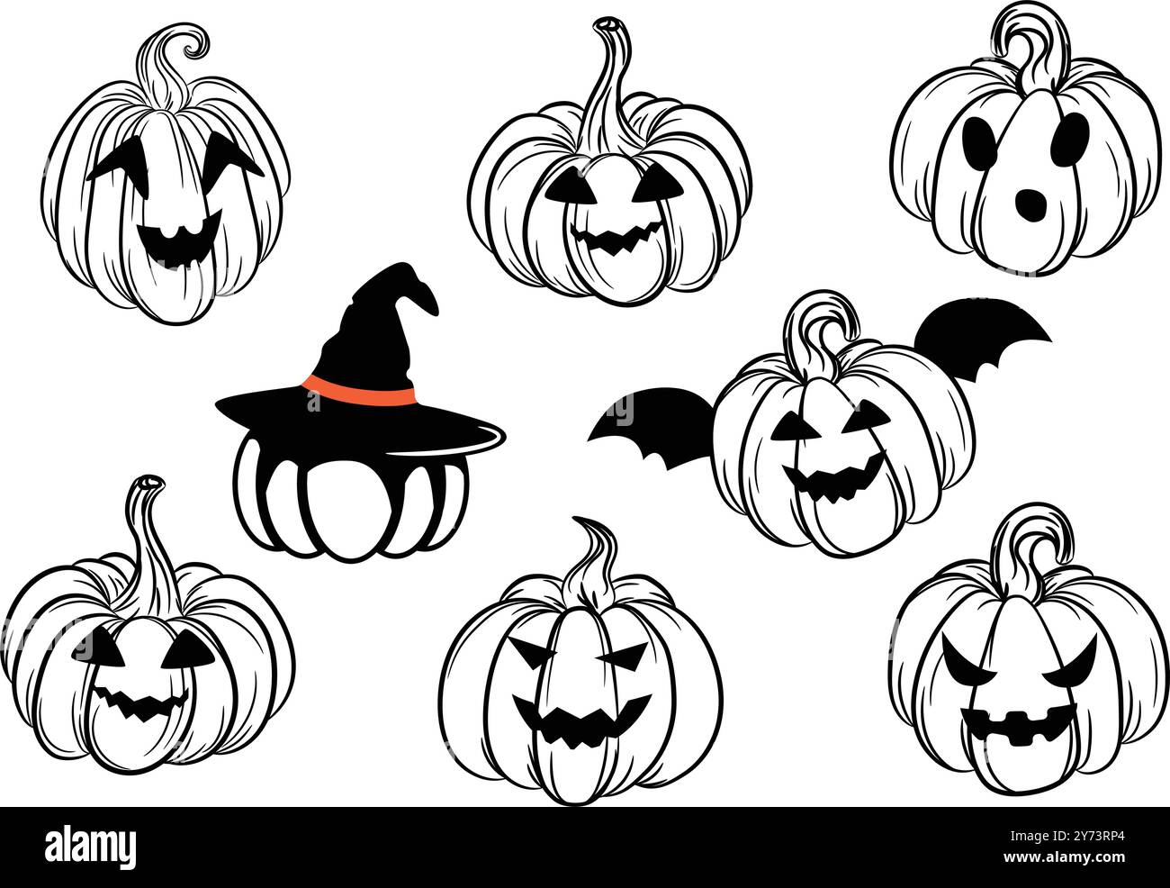 Halloween Pumpkin Character black silhouette face icons. Pumpkins ...