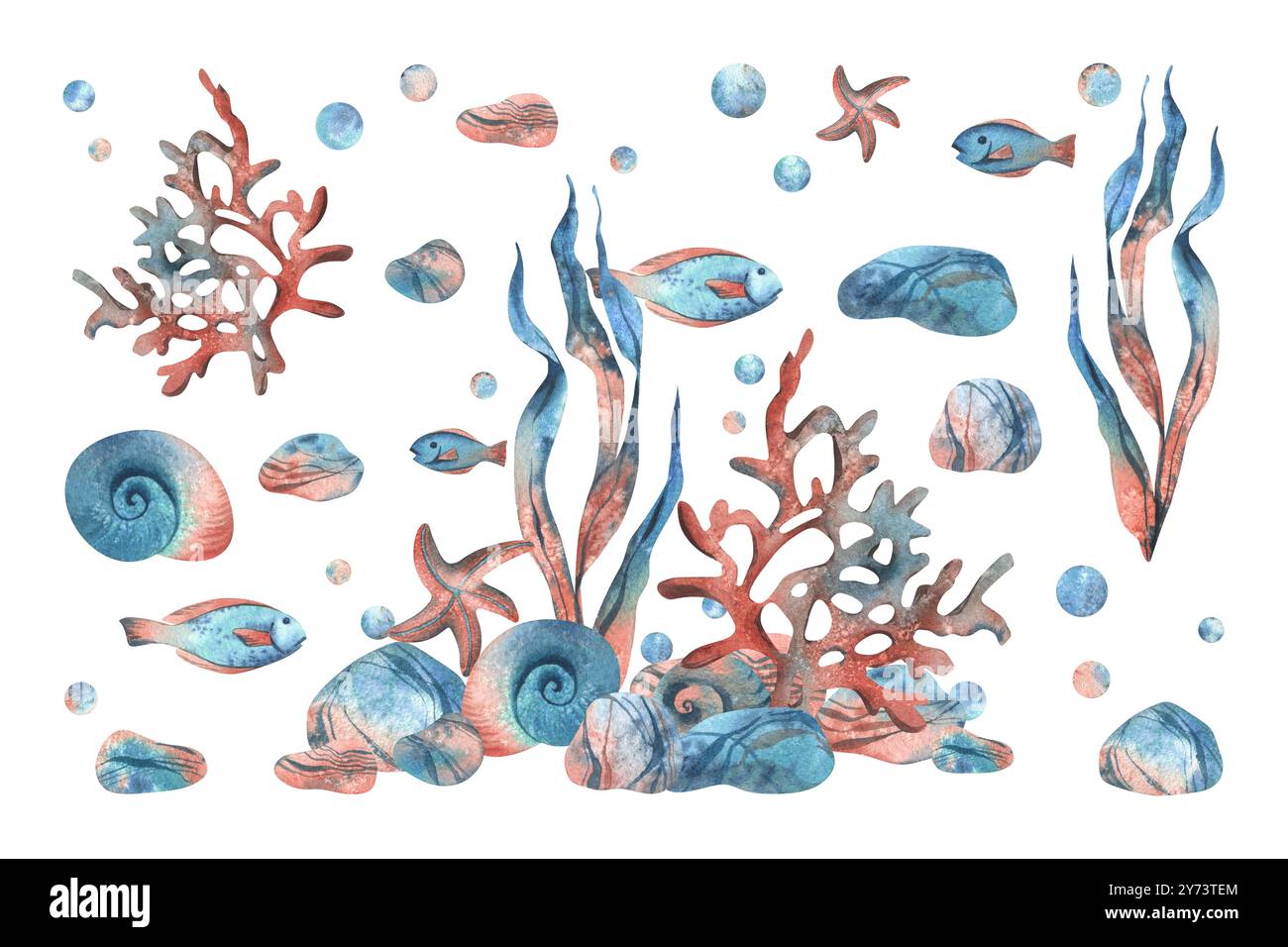 Underwater world clipart with sea animals fishes, shells, coral and ...