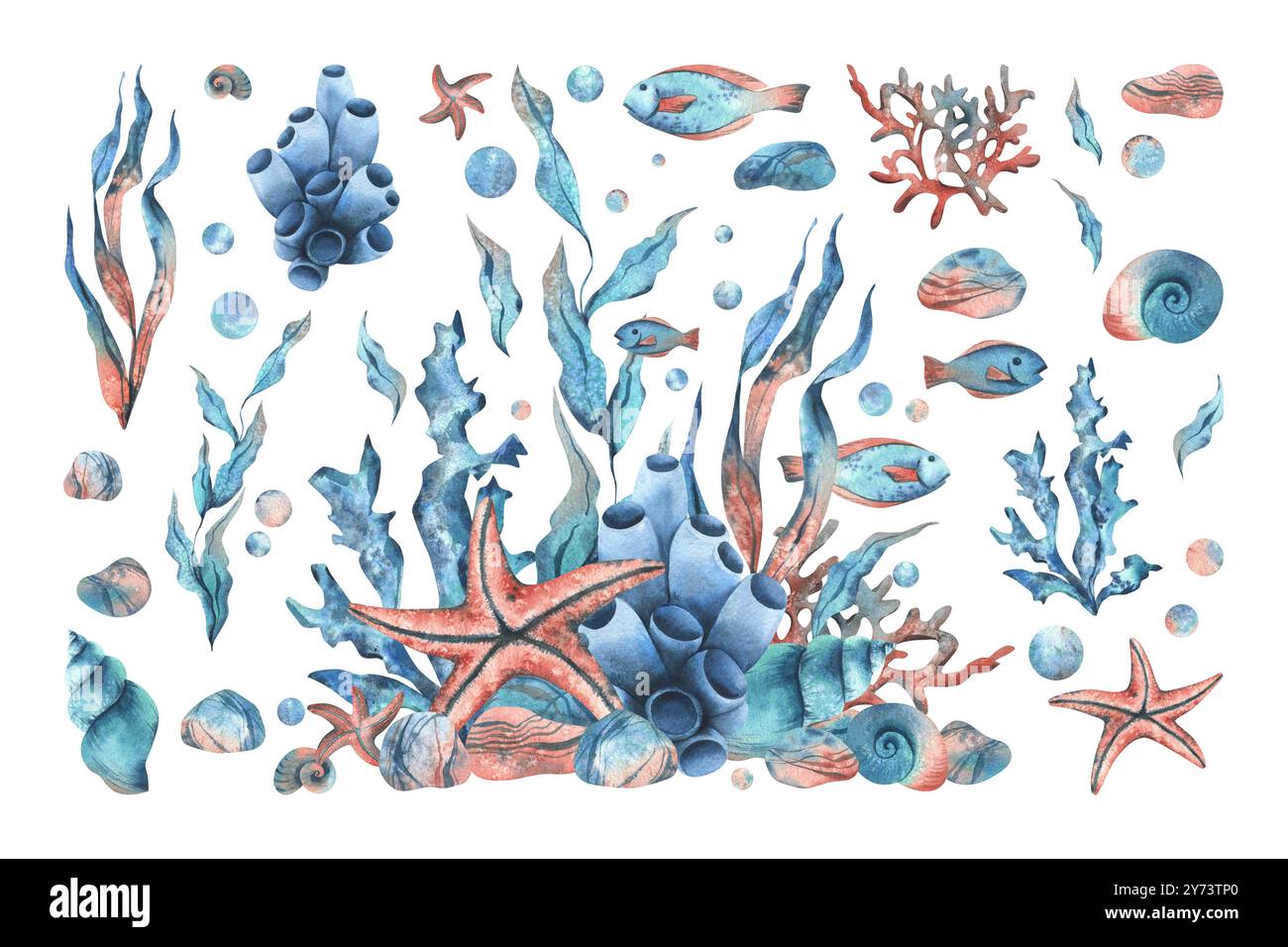 Underwater world clipart with sea animals starfish, fish, shells, coral ...