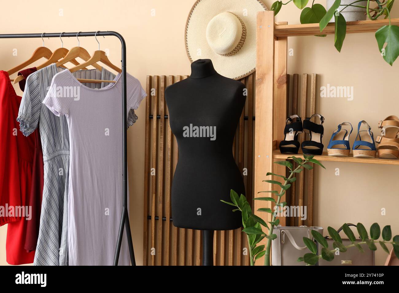 Interior of dressing room with mannequin, clothes rack and shelf unit ...