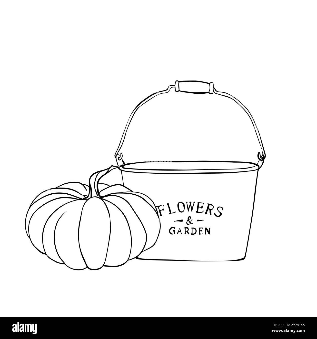 Garden Bucket and Pumpkin. Graphic vector Illustration of Gardening ...