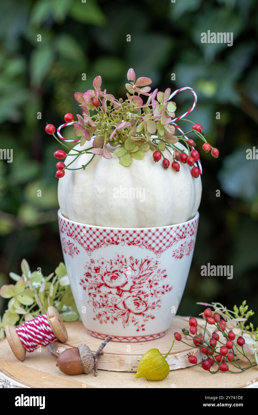 white pumpkin Baby Boo decorated with hydrangea flowers and rose hips ...
