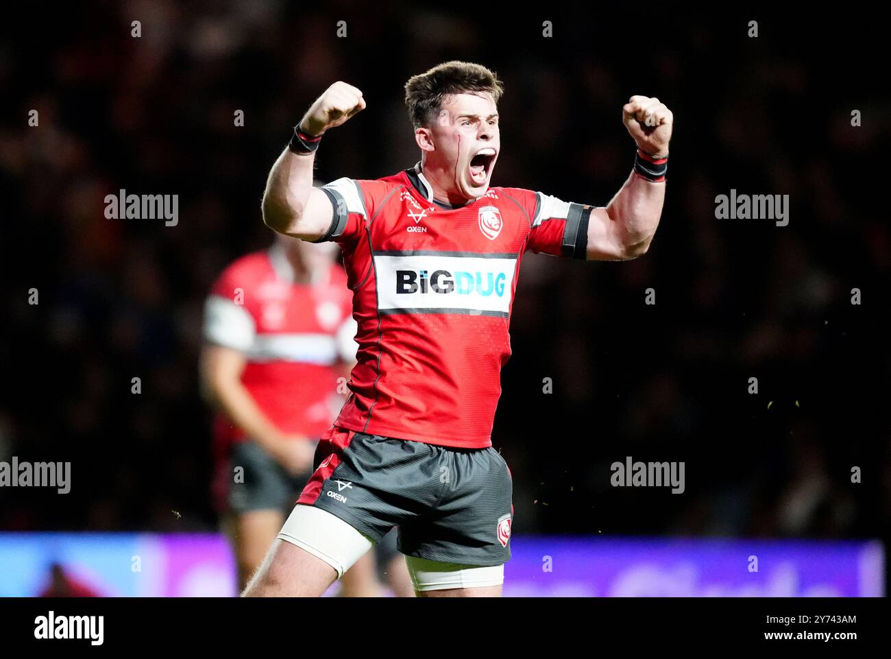 Gloucester's Seb Atkinson celebrates their victory at the final whistle ...
