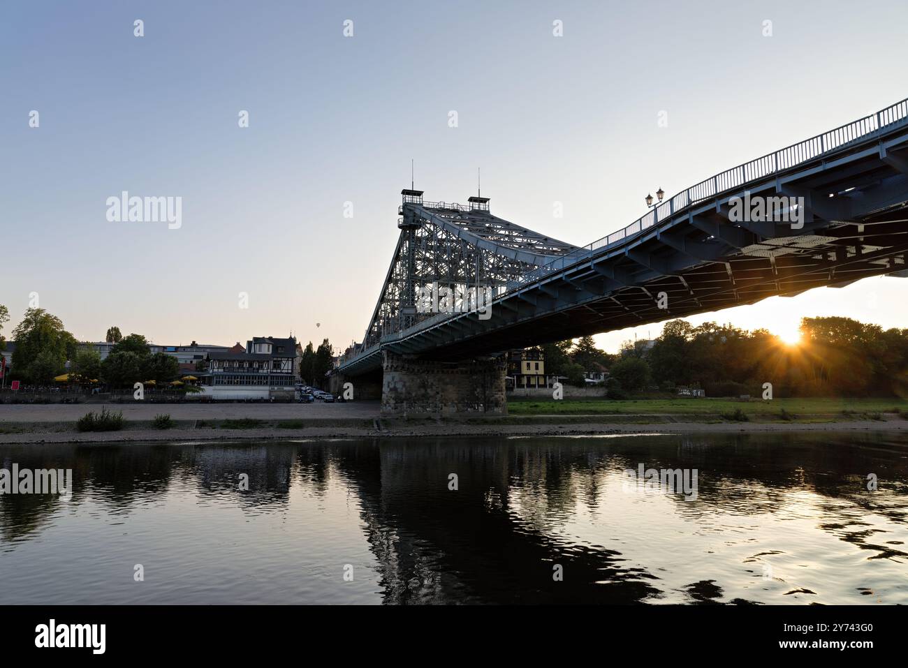 historic Loschwitz Bridge, Blue Wonder, sunset, in Dresden over the ...