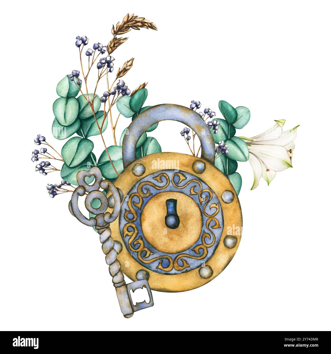 Watercolor vintage lock with key. Hand drawn illustration on white ...