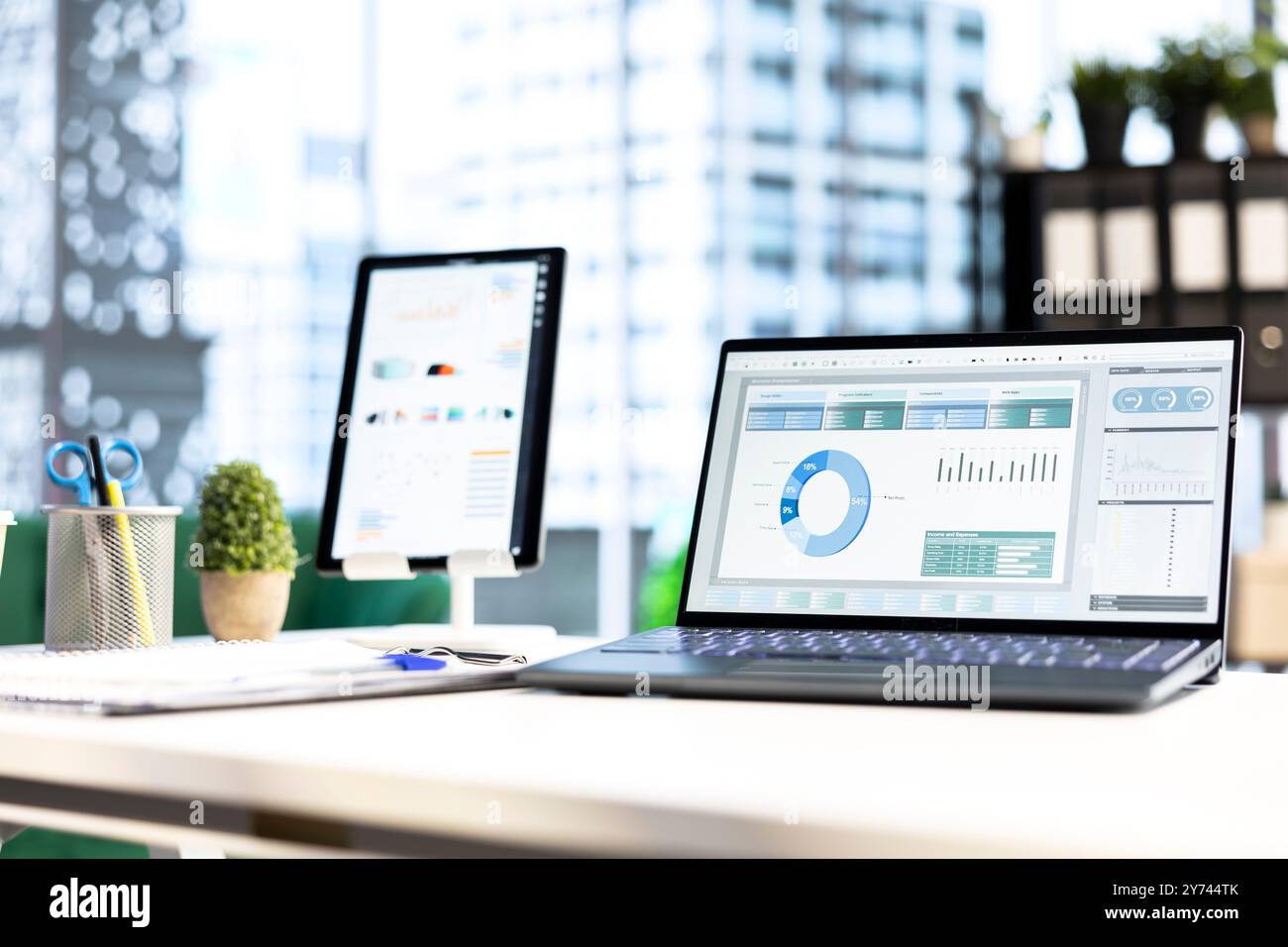 Modern work environment in a urban corporation downtown building, high ...