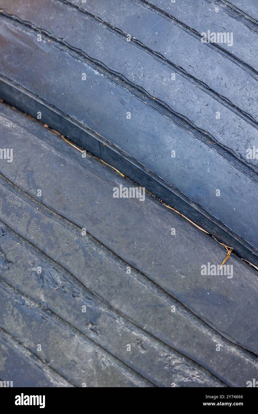 Worn and damaged tread of old tires lying in a landfill. Decreased road ...