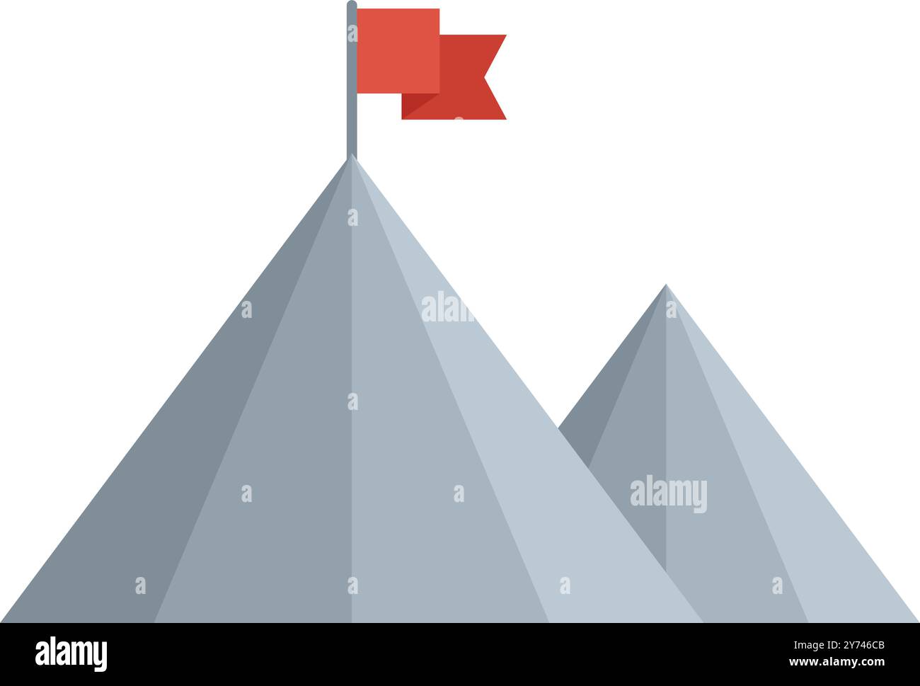 Red flag is waving on a mountain peak, representing achievement and ...