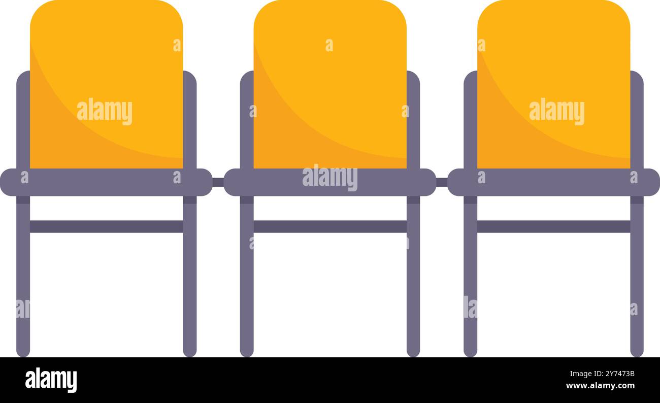 Three empty chairs with yellow seats and dark metal frame standing in a ...