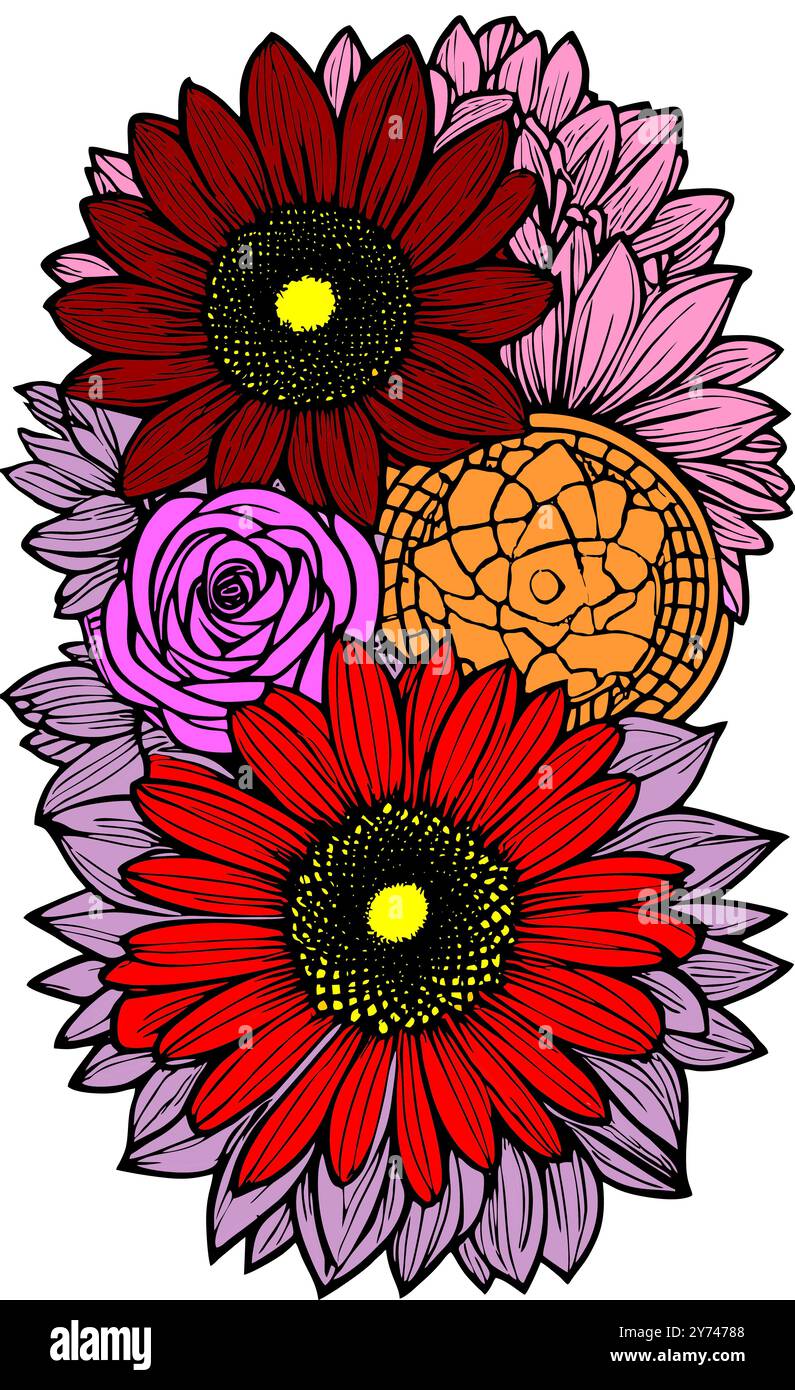 multicolor drawing of a bouquet of wild flowers with a black outline ...
