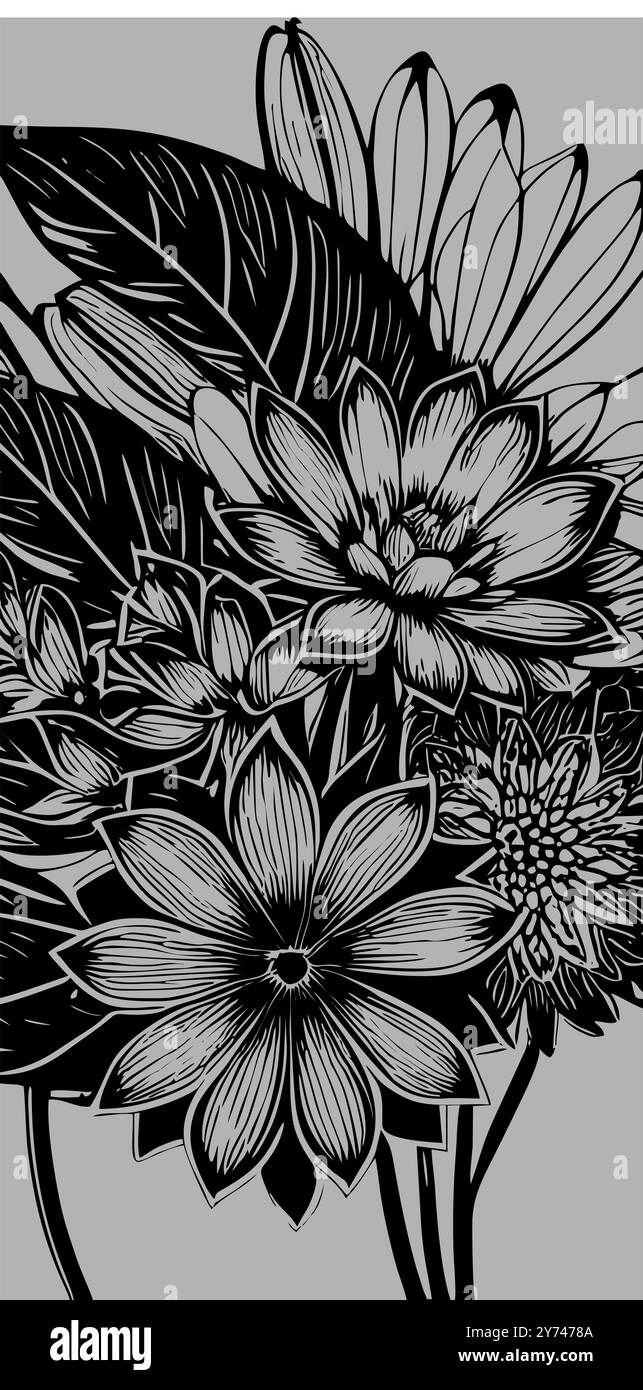 black graphic drawing of a bouquet of flowers on a gray background ...
