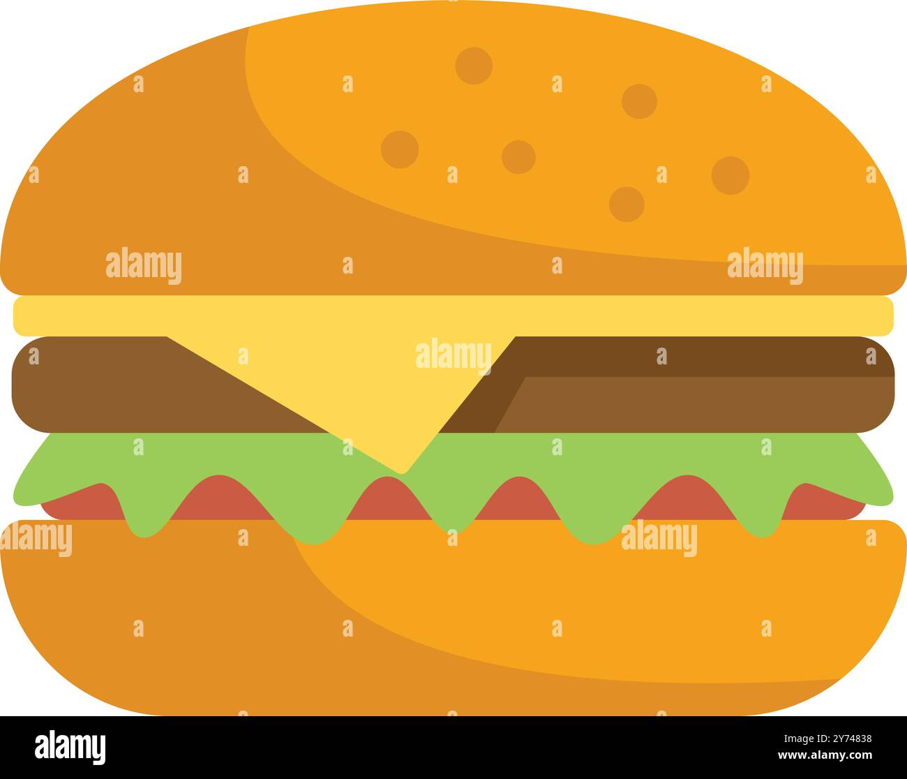 Simple flat vector illustration of a hamburger with a meat patty, cheese, lettuce, tomato, and a ...
