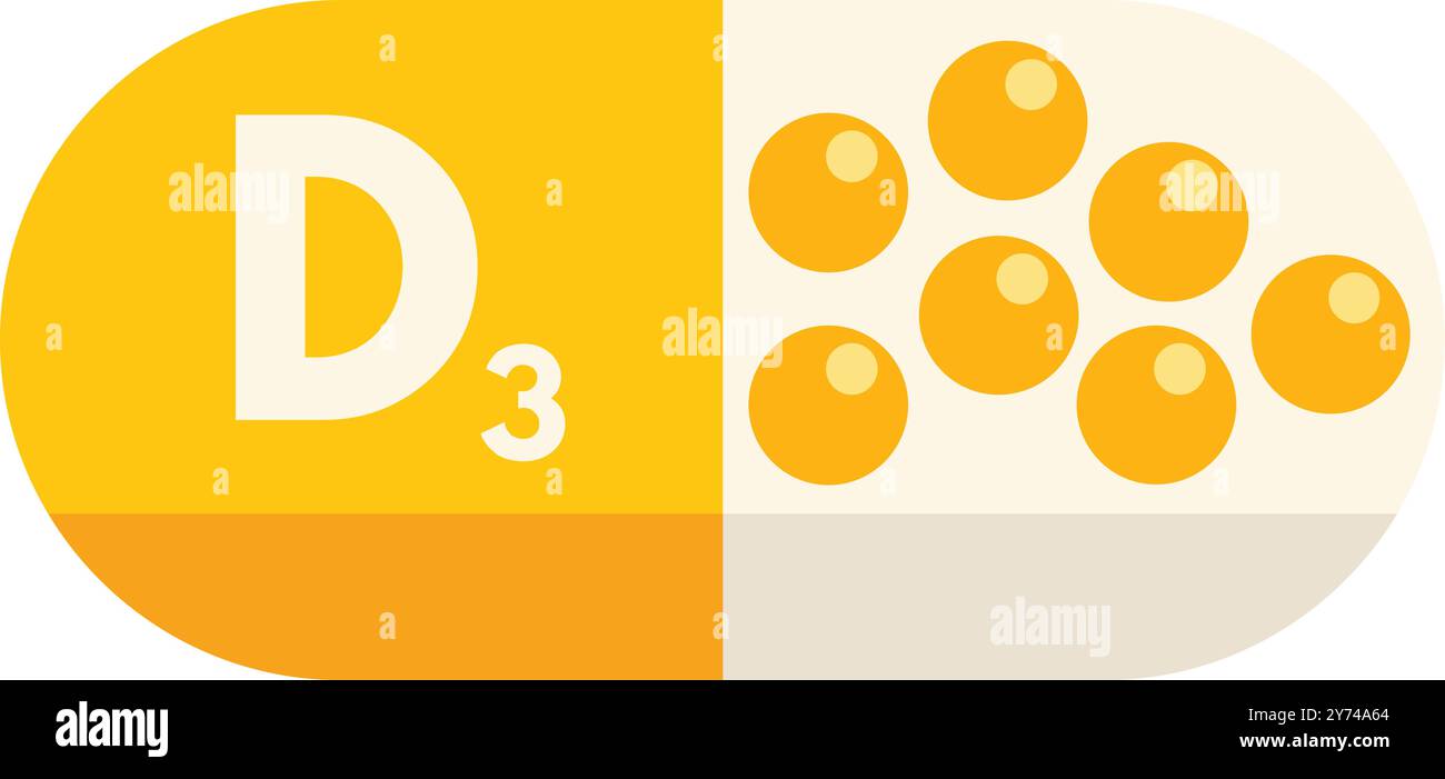 Yellow vitamin d3 supplement capsule containing softgels is lying on a ...