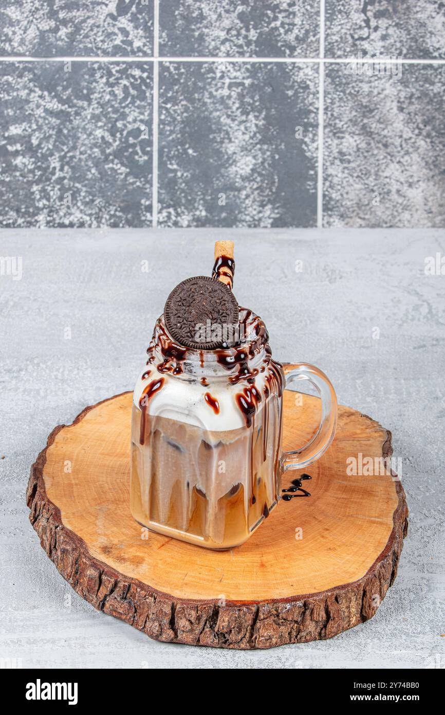 Chocolate milkshake in a jar. Chocolate indulgent extreme milkshake ...