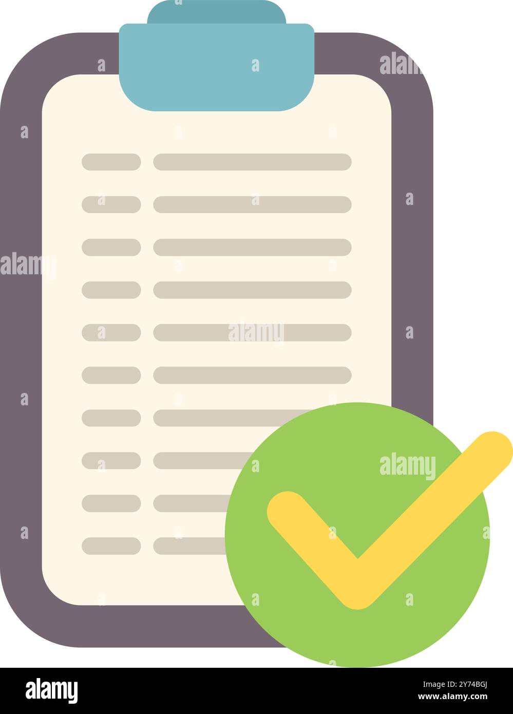 This flat design icon is showing a clipboard with a check mark, representing successful task ...