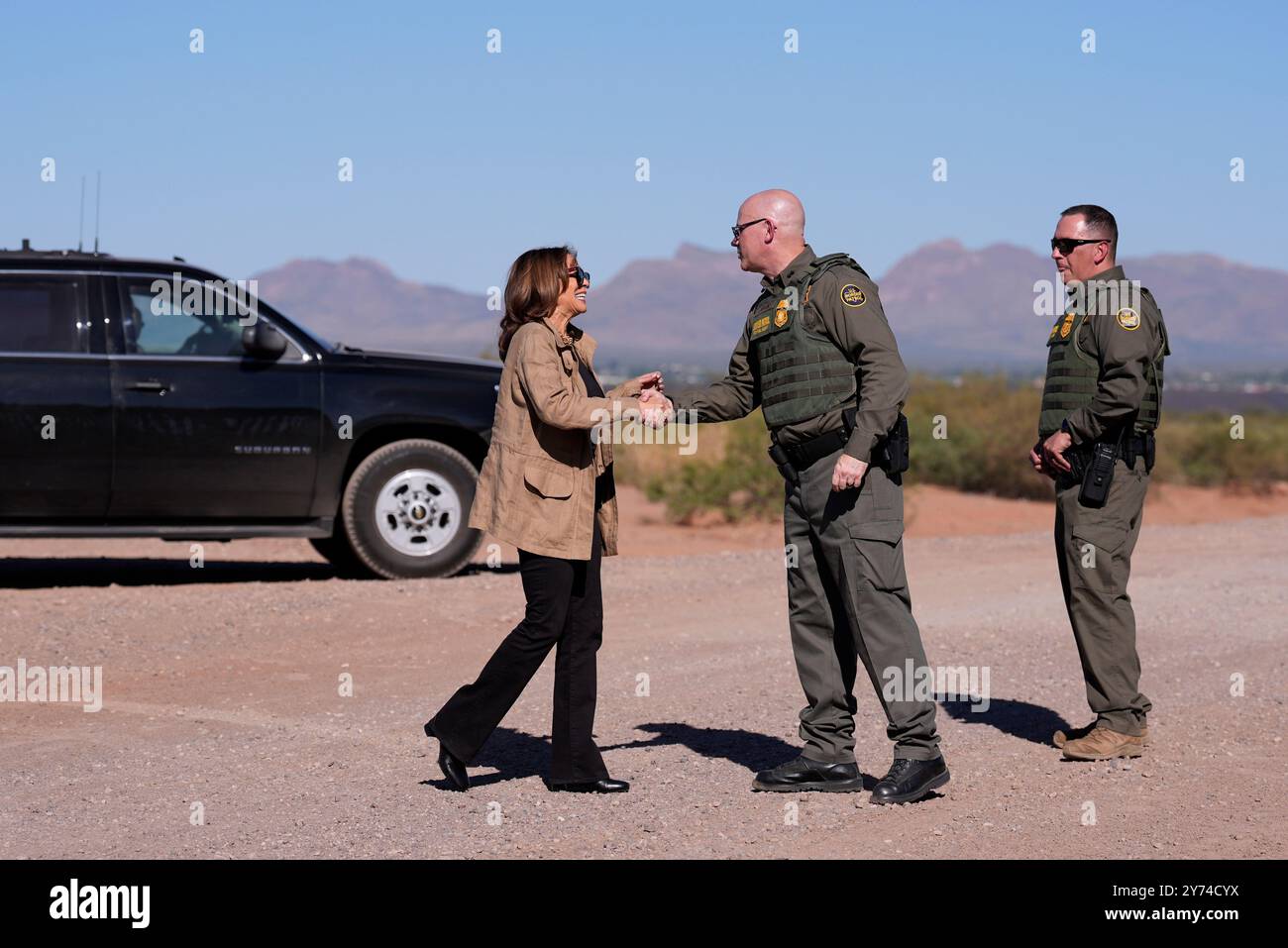 Democratic presidential nominee Vice President Kamala Harris greets ...