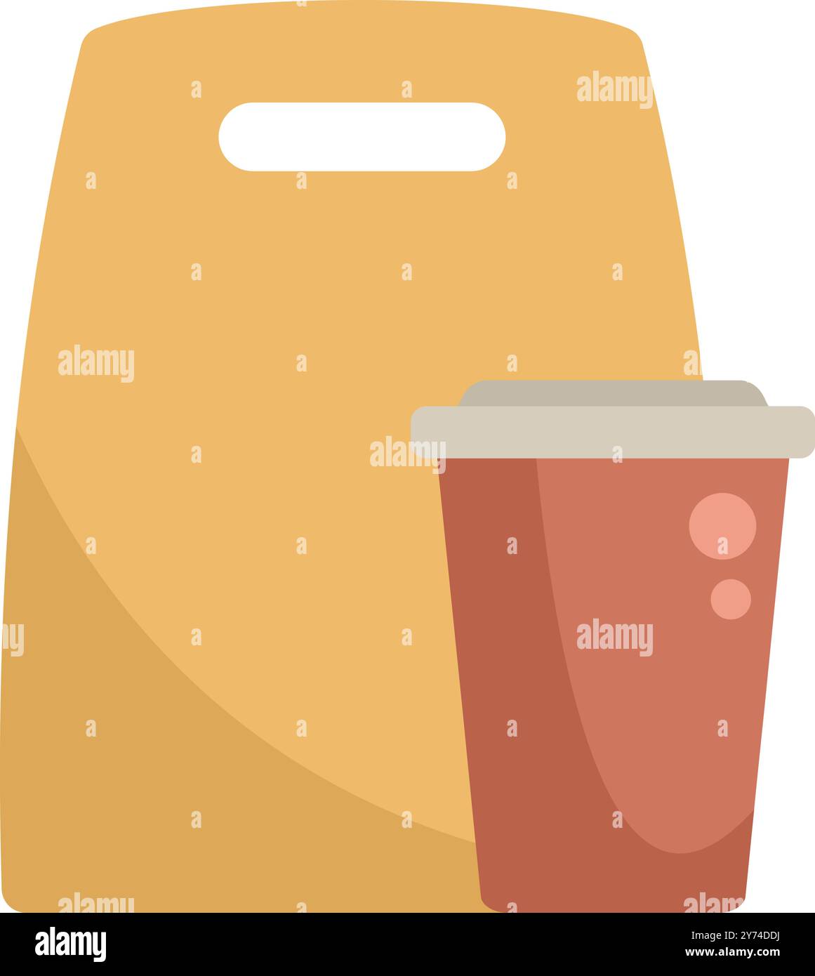 Simple illustration featuring a brown paper lunch bag with a to go coffee cup, representing a ...