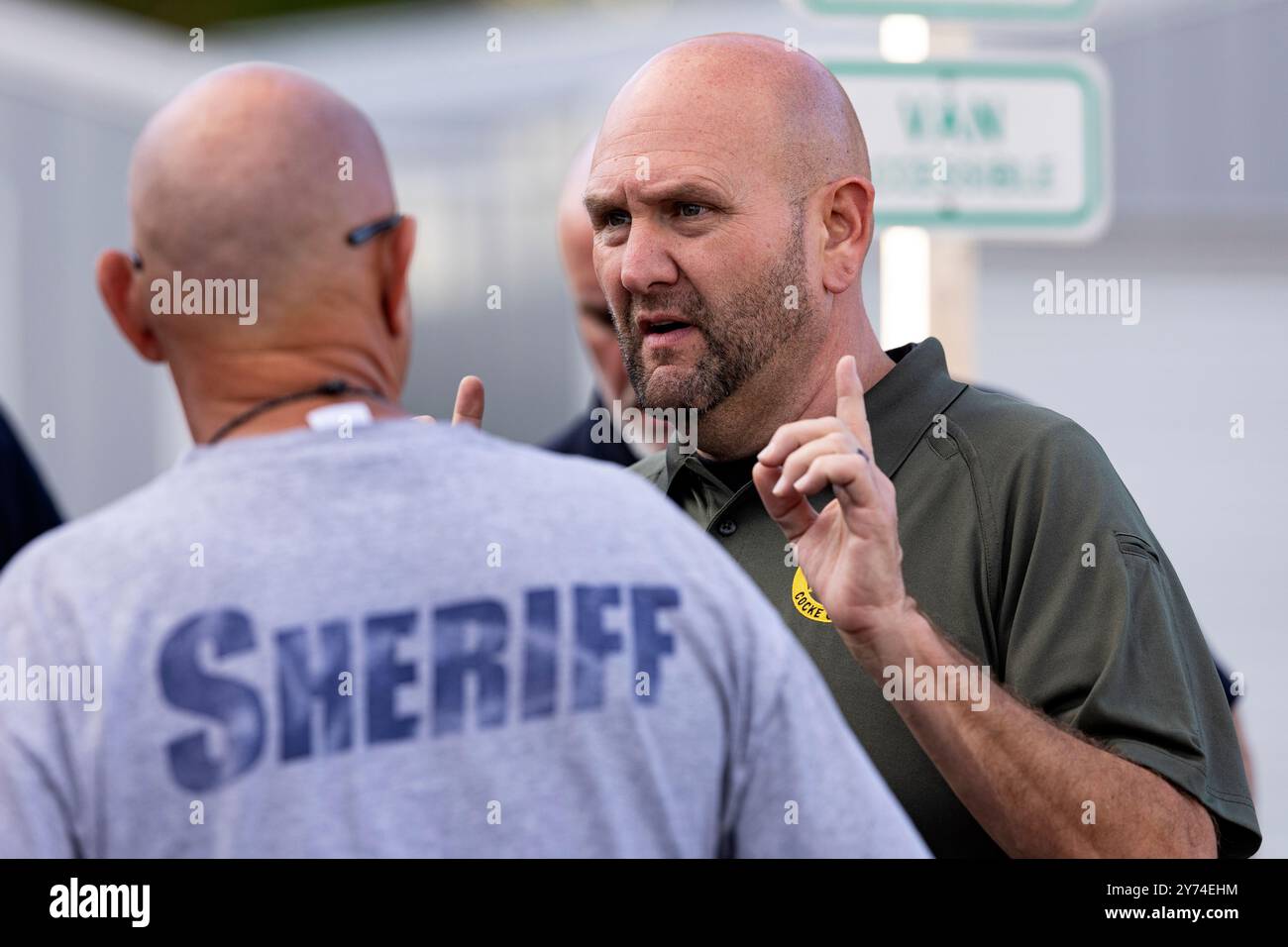 Cocke County Sheriff CJ Ball speaks with officers Friday, Sept. 27, 2024, in Newport, Tenn, in ...