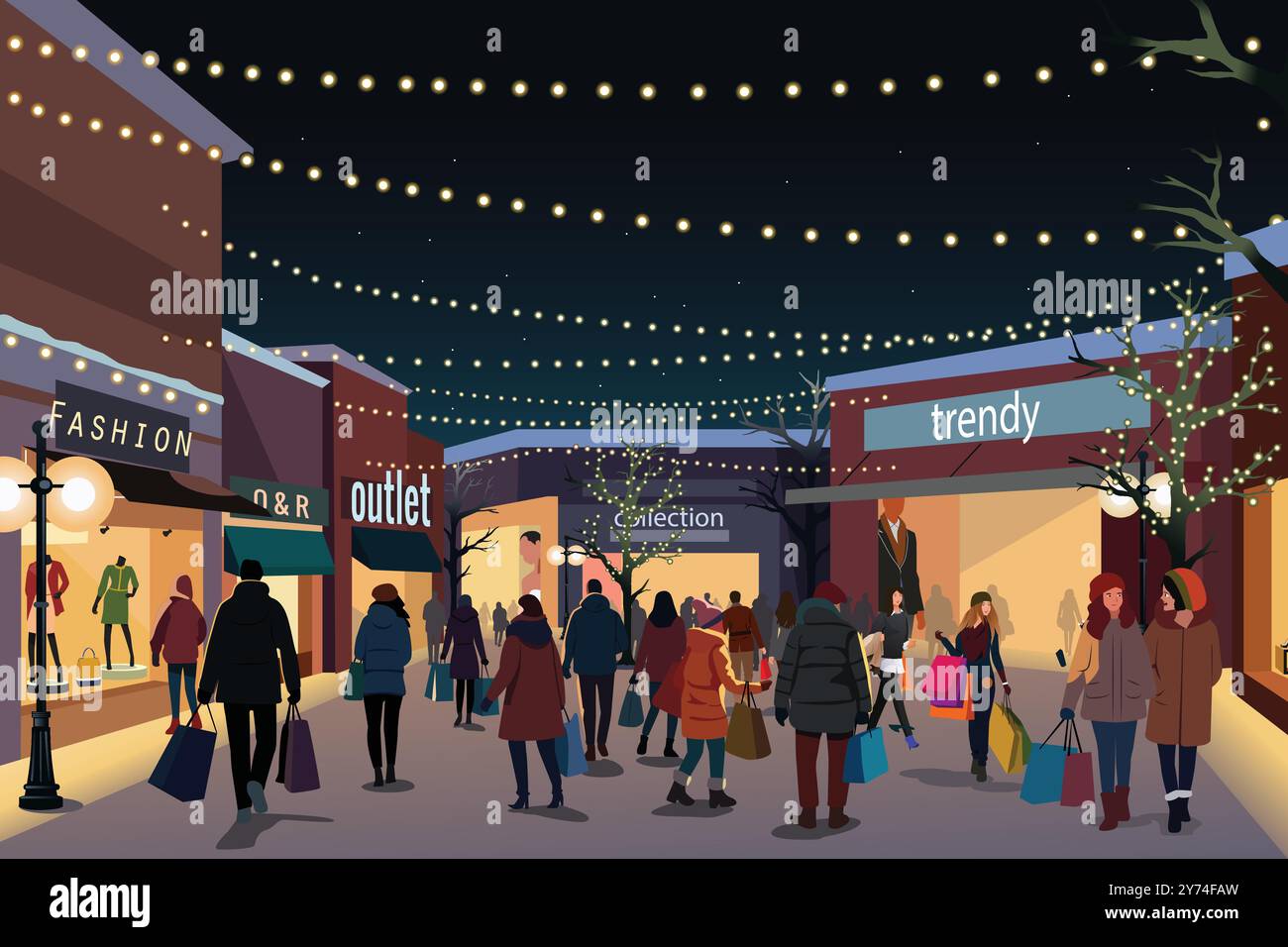 A vector illustration of People Shopping at Night at an Outdoor Mall ...