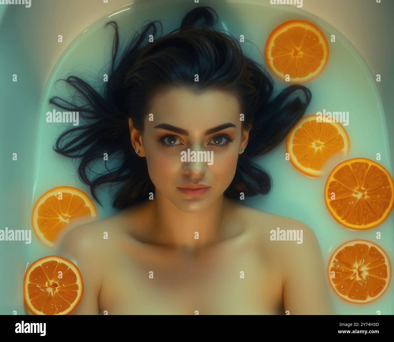 Beautiful Woman Soaking in a Milk Bath with Floating Orange Slices ...