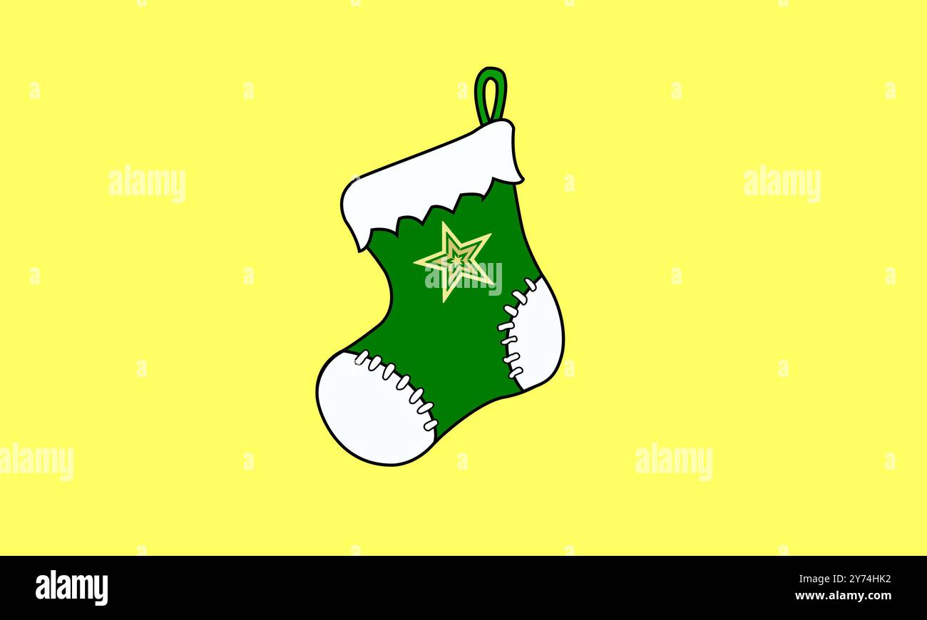 Green Christmas stocking with white fur isolated cutout on yellow ...