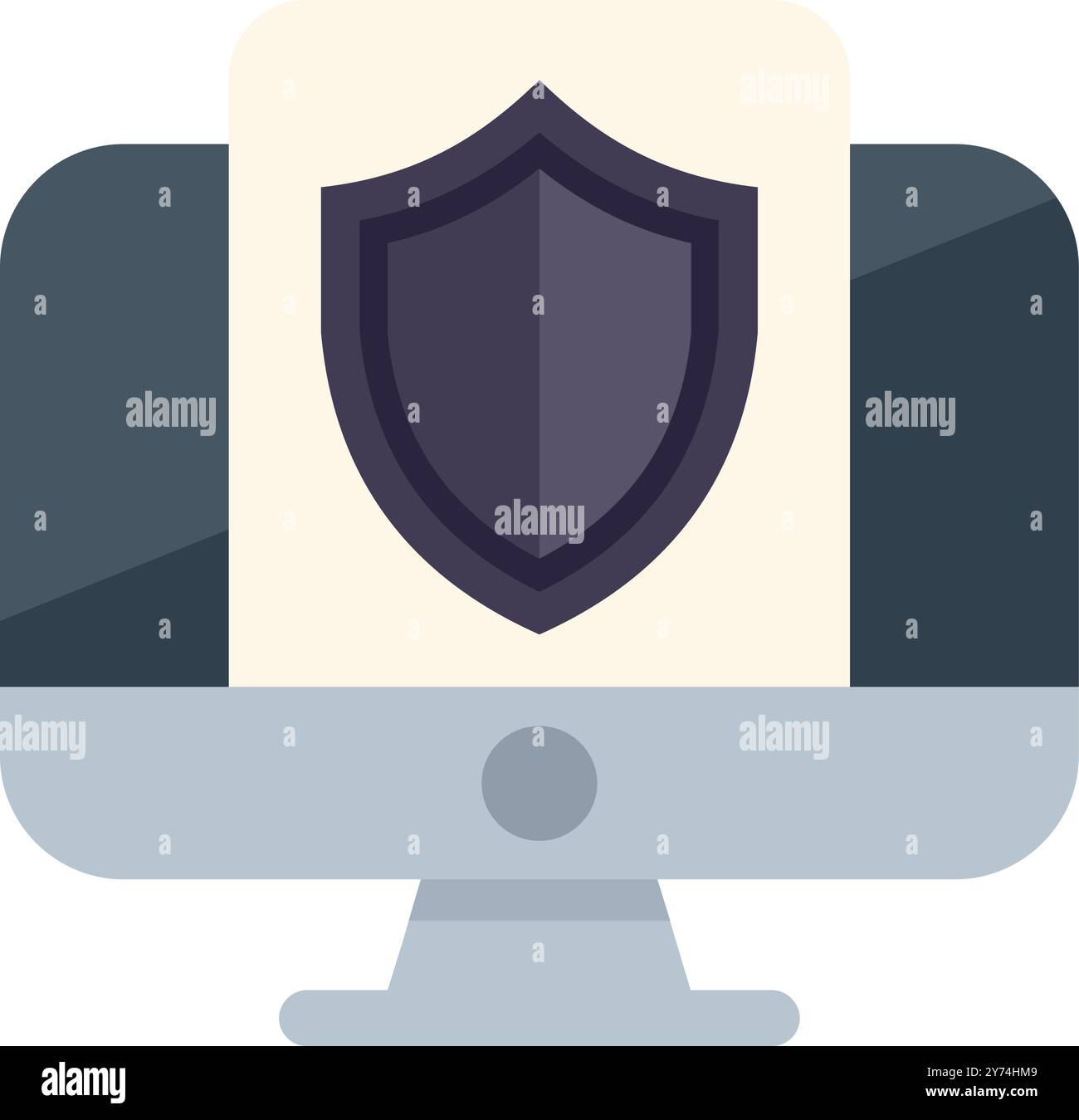 Desktop computer displaying a security shield icon, representing data protection and ...
