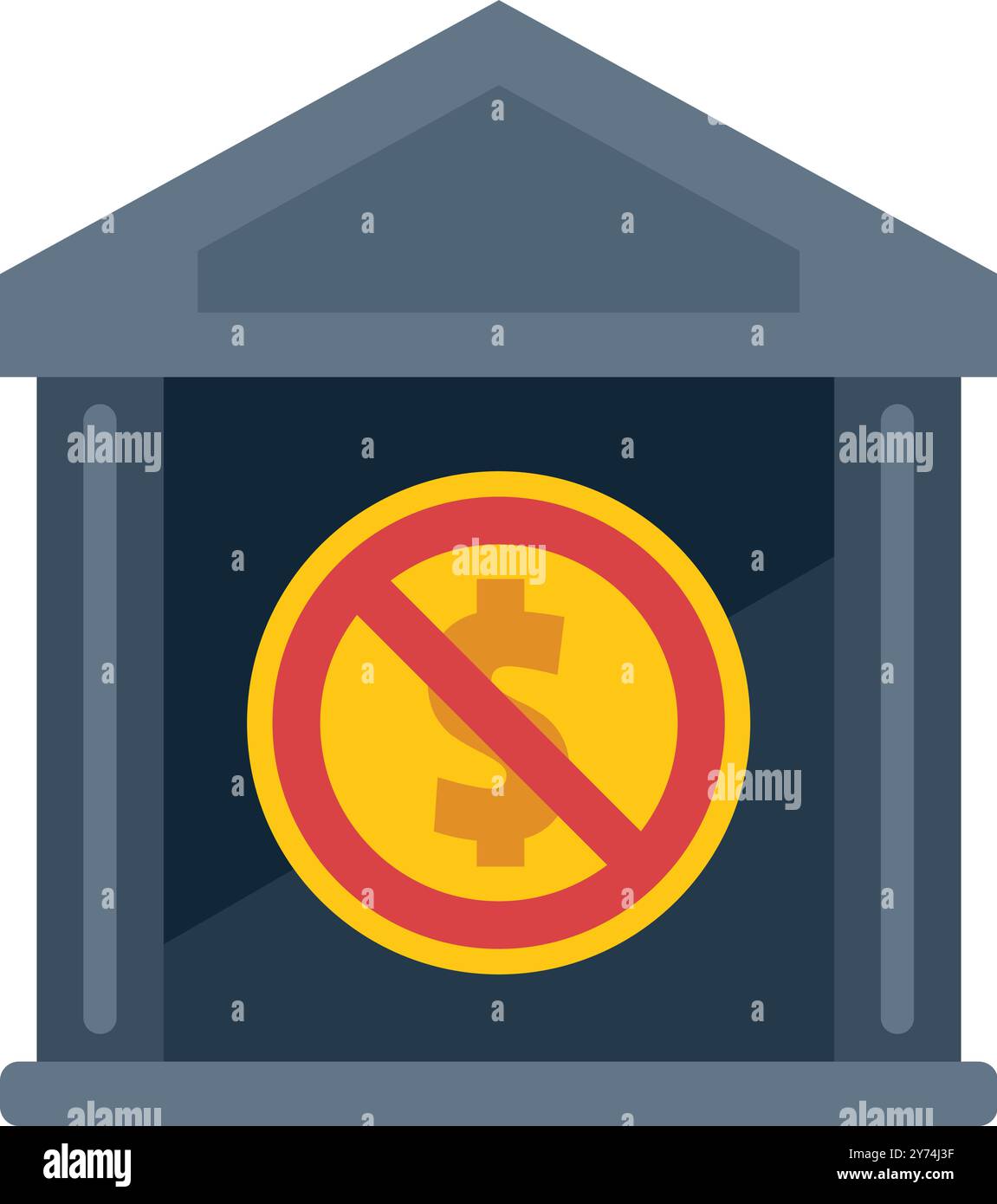 Illustration of a bank building facade showing a no money allowed sign ...