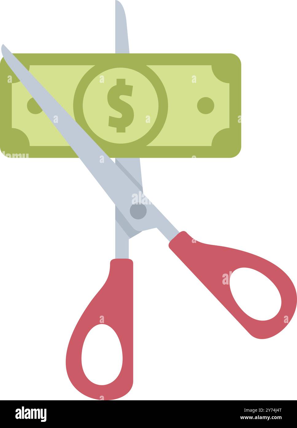 Open pair of scissors cutting a dollar bill in half illustrating the ...