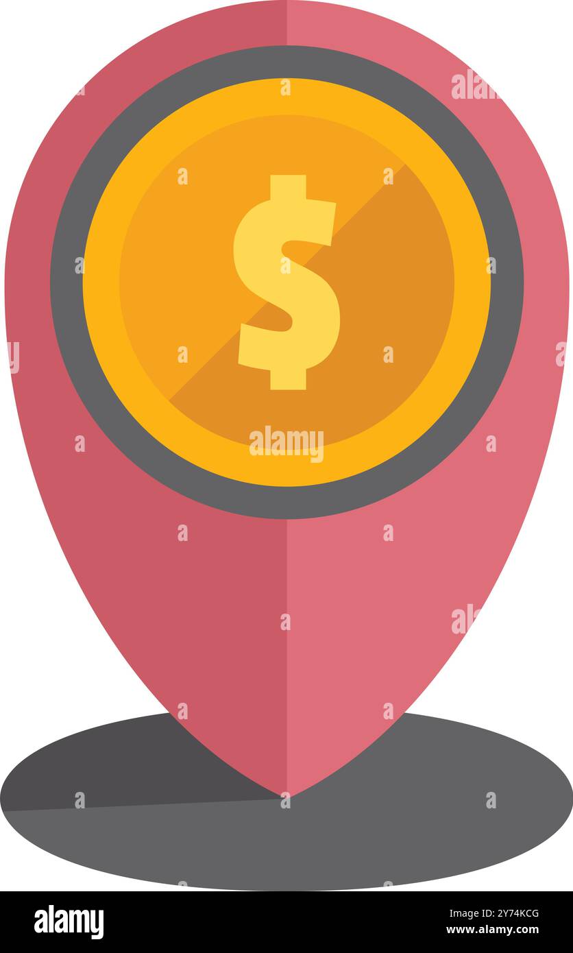 Location pin is pointing a golden coin with a dollar sign, showing a ...