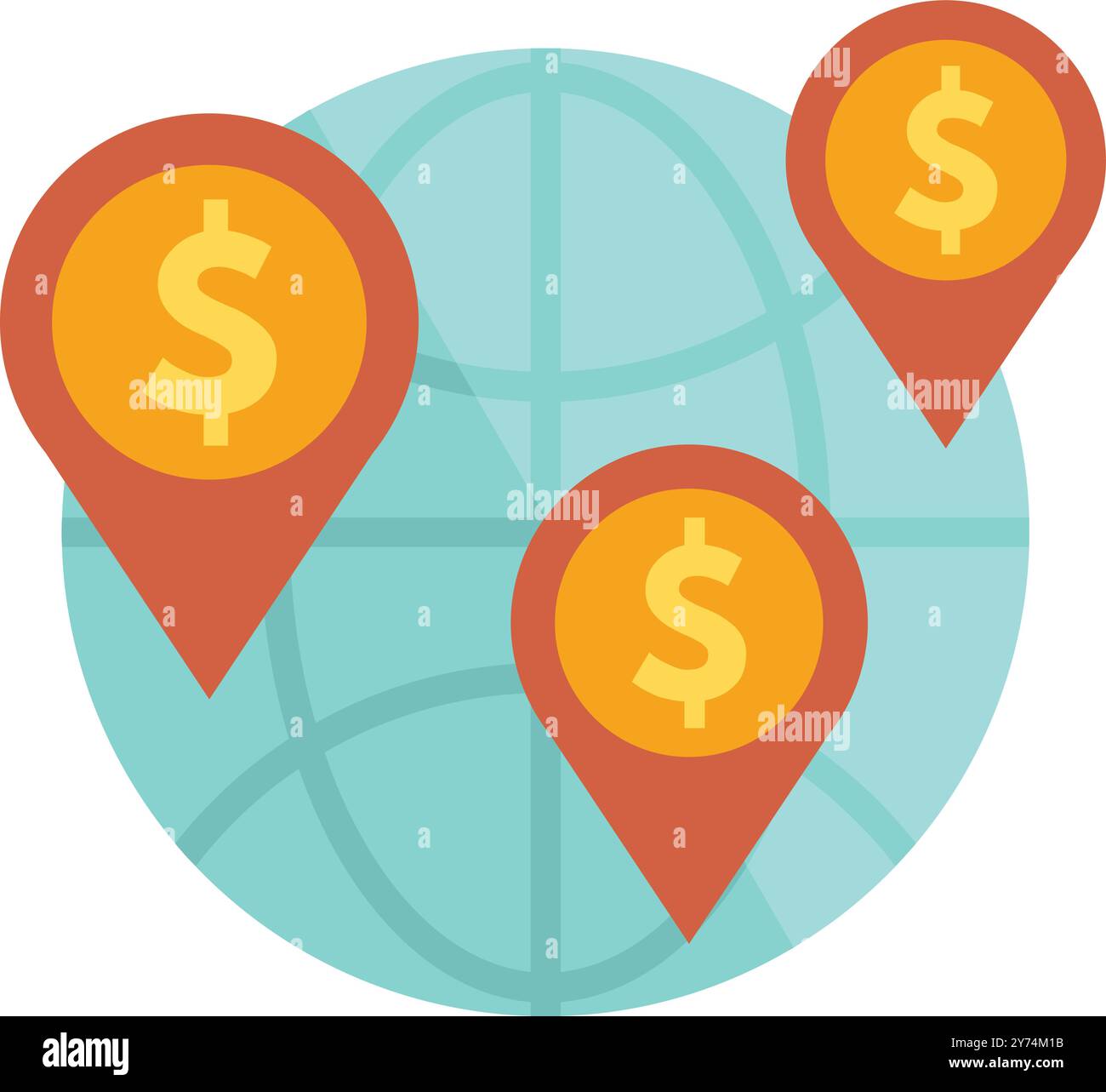 This vector illustration shows a world map with three location pins ...