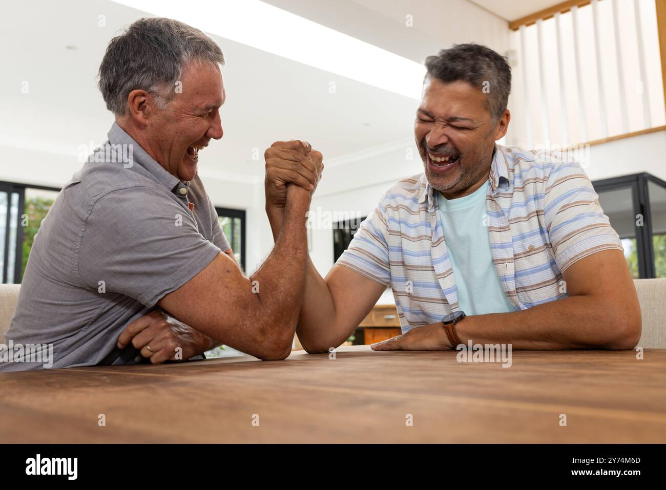 Arm wrestling and laughing, two senior diverse friends enjoying time ...