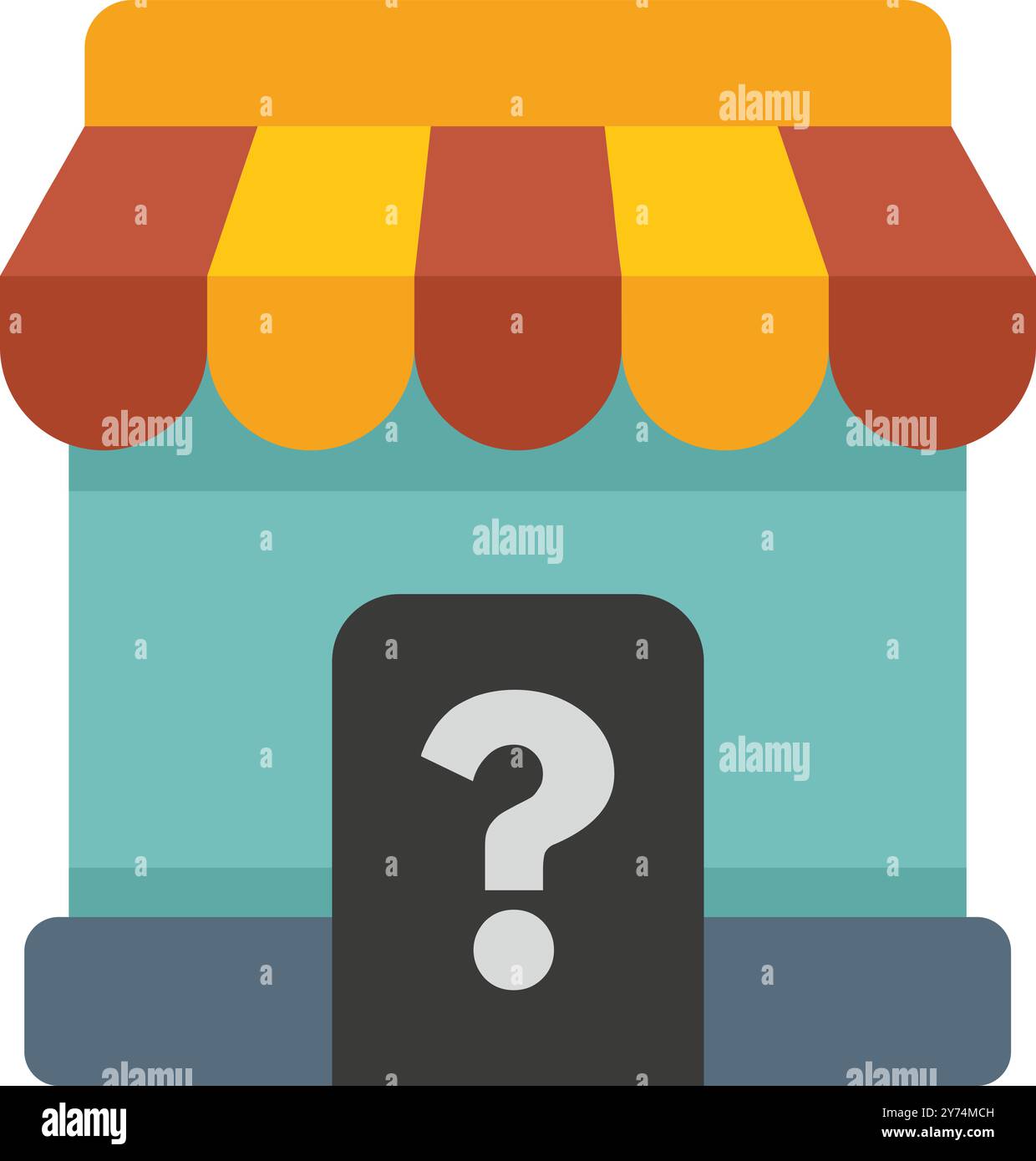 This flat vector illustration shows a question mark on a store front ...