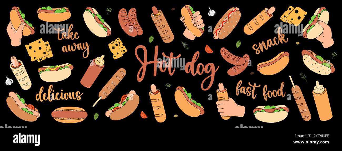 Hot dogs set. American street fast food. Long buns, sausage, vegetables ...