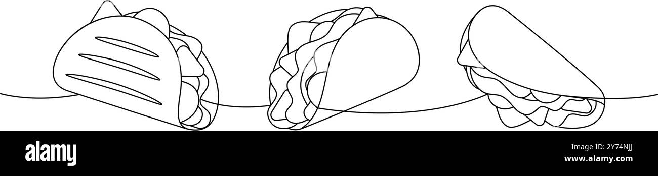 Beef tacos one line continuous drawing. Traditional Mexican fast-food ...