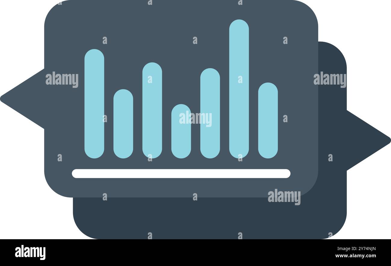 This vector icon shows a speech bubble containing a growing bar chart, representing data ...