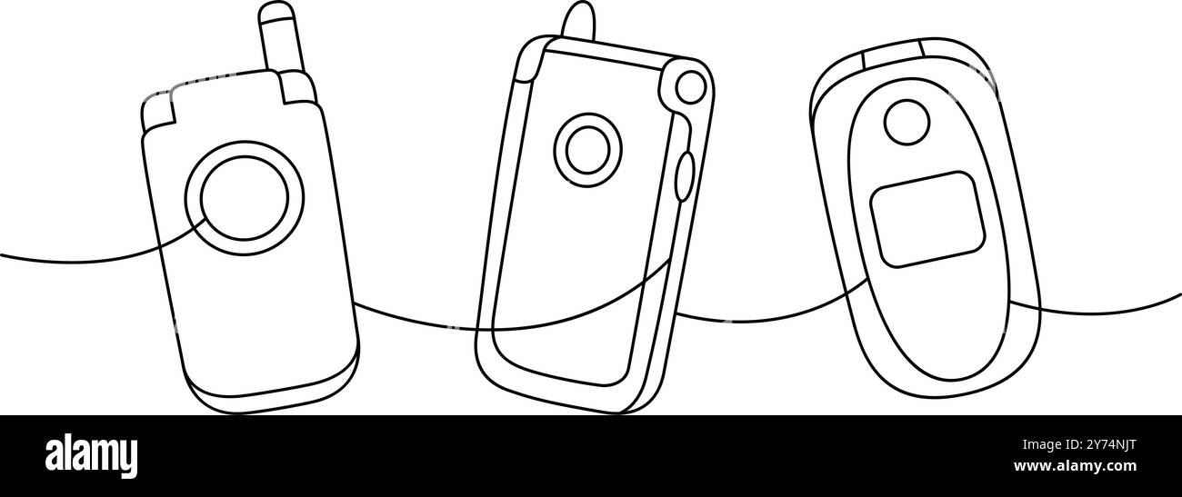 Mobile flip phone set one line continuous drawing. Old communication ...