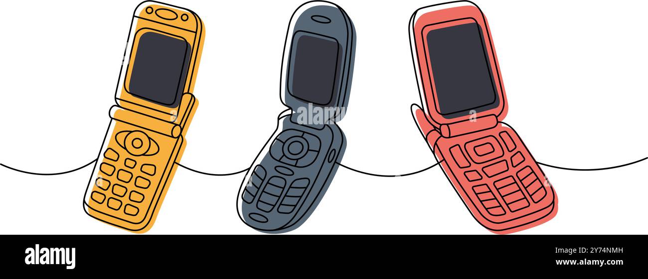 Set of mobile flip phones one line colored continuous drawing. Old ...