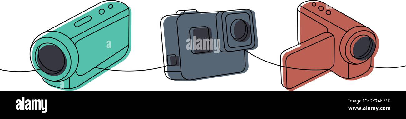 Professional video camera, action camera one line colored continuous ...